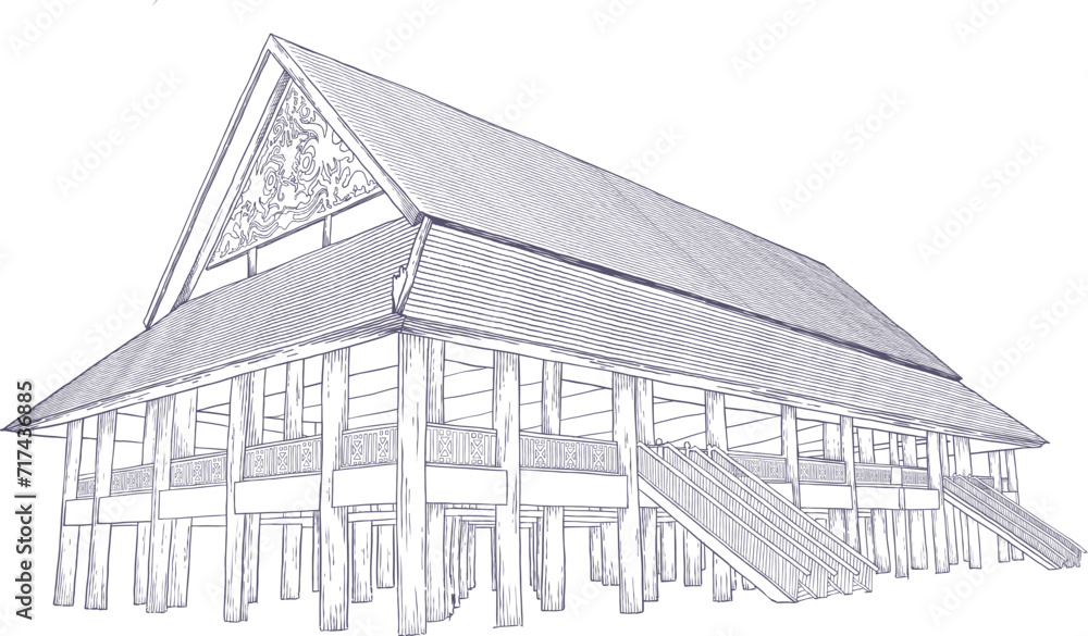 vector line art rumah Lamin traditional house of East Borneo Indonesia ...