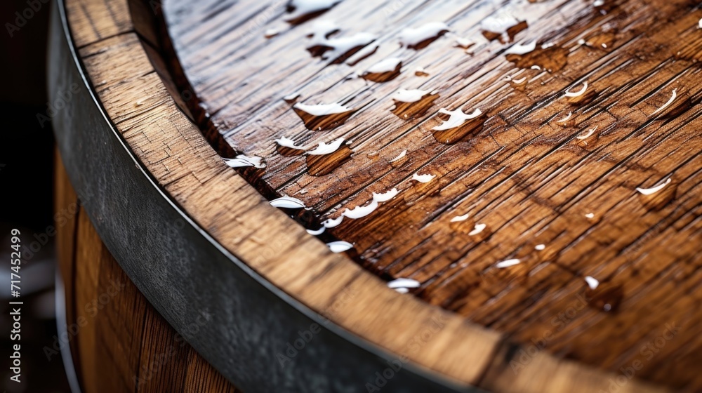 A closeup of an oak barrel used for aging whiskey, revealing the ...