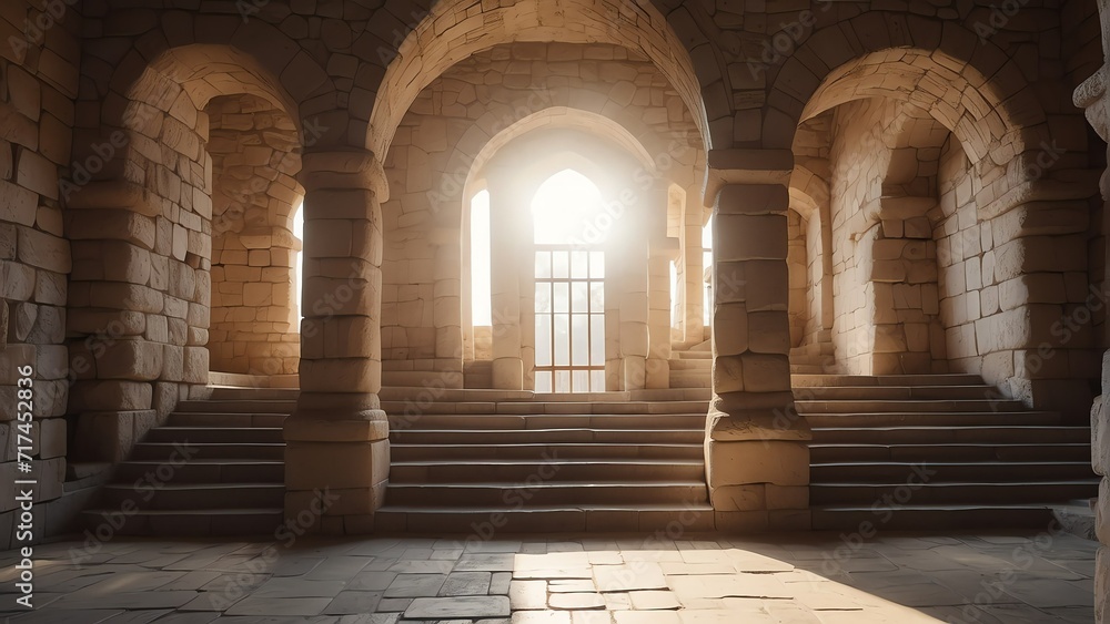 Ancient castle kingdom hall made of stone with arches and stairs ...