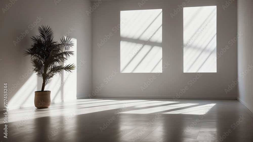 Minimalist empty white room with soft sun light rays and shadow from ...