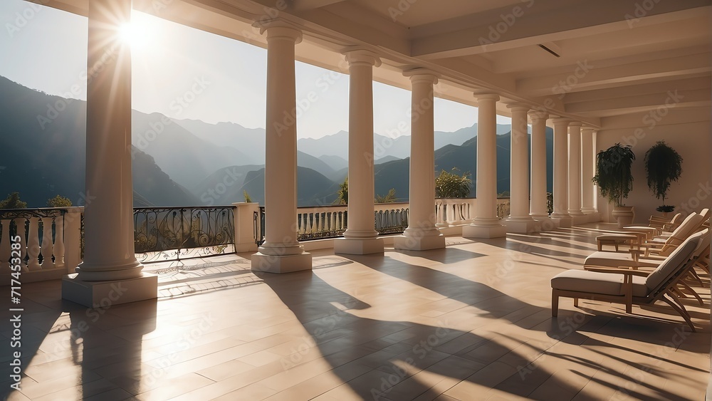 Modern classical style empty luxury terrace with columns and mountain ...