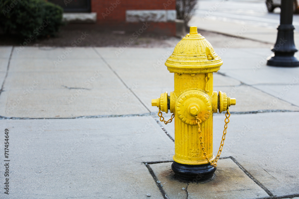 urban scene with a red fire hydrant standing tall on a sunlit street ...
