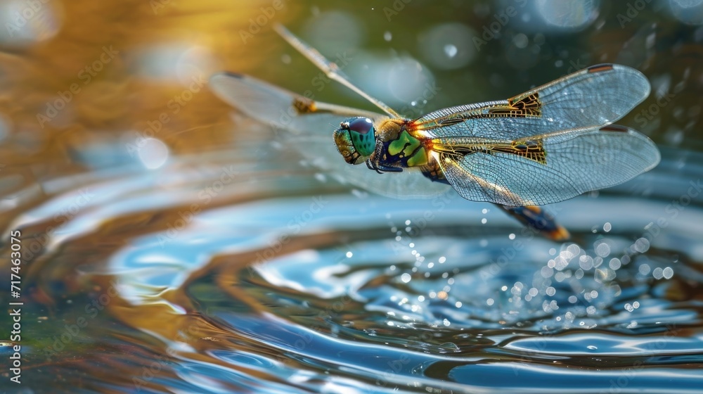 Closeup of a dragonfly in midflight its wings beating rapidly as it ...