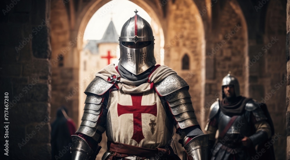 men wearing an armor with a red Christian cross on it in the castle ...