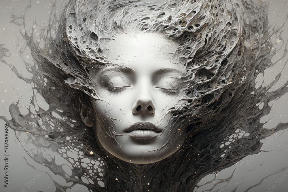 A surreal illustration of a face morphing into a swirling galaxy ...