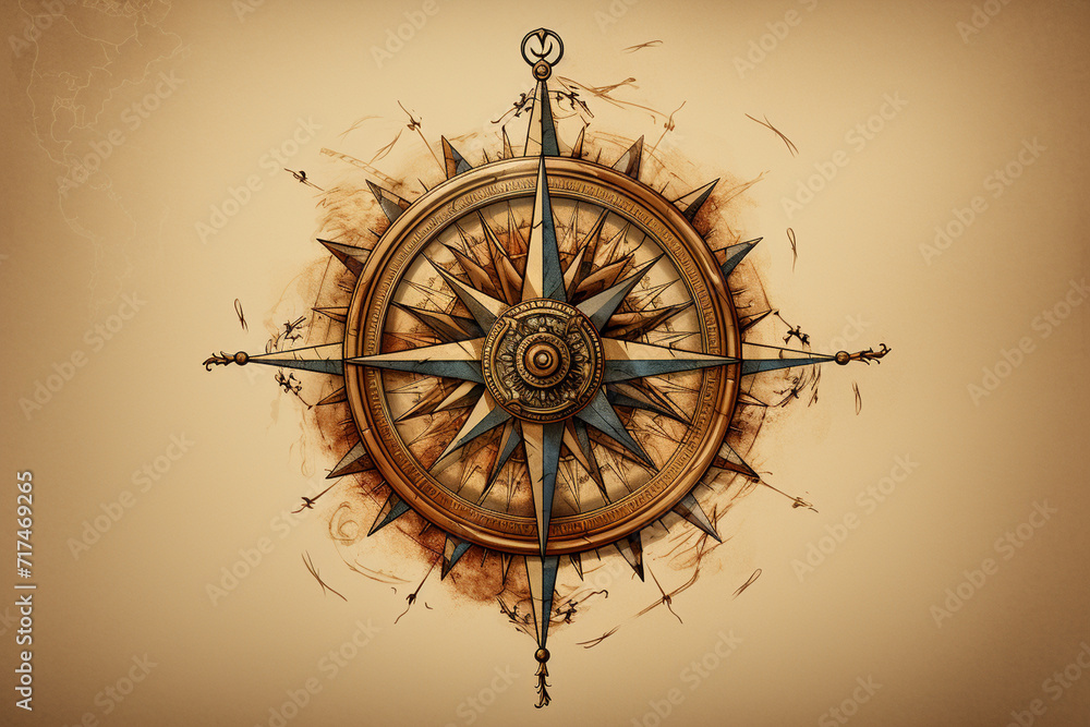 A detailed illustration of an old-fashioned compass rose, with ruled ...
