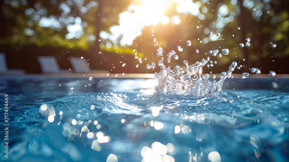 A splash of refreshing water leaps from a crystal-clear pool, captured ...