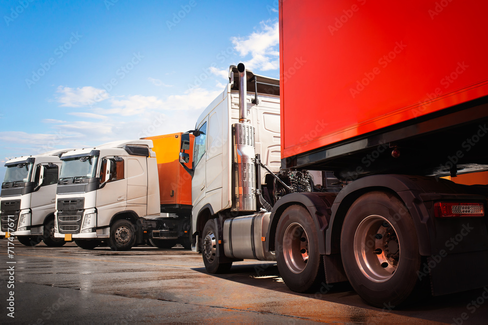 Semi Trailer Trucks on The Parking Lot. Cargo Container Shipping ...