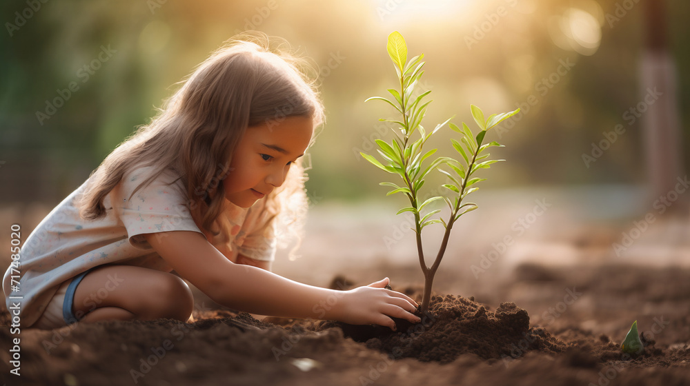 Little girl carefully plants tree sapling in ground of sunlight garden ...
