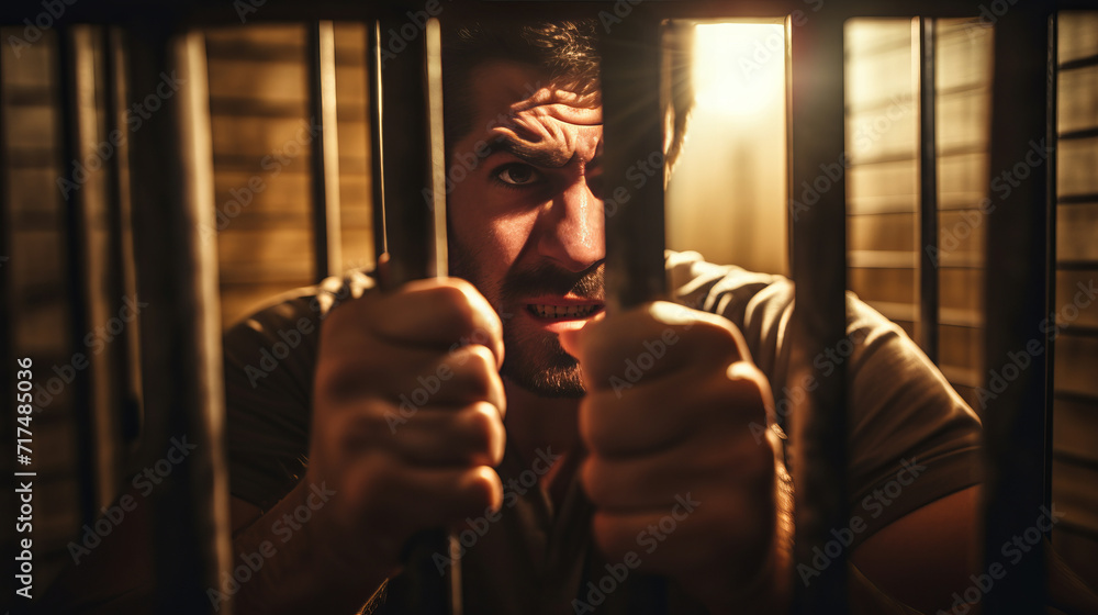 Angry male inmate confined behind bars desperately asking to released ...