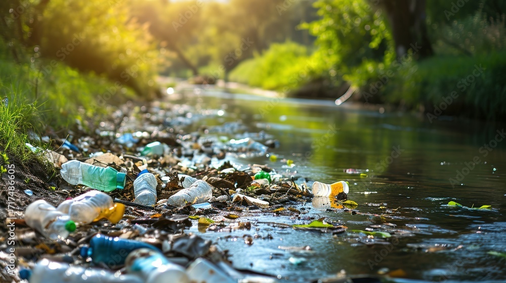 Plastic trash in the river, environment pollution and ecology concept ...
