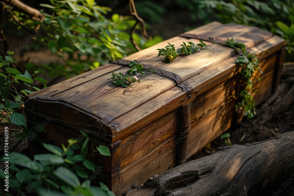 Christian funeral ceremony involving a wooden coffin laid outdoors with ...