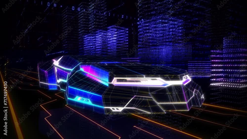 Neon Blue Sports Car In Digital Server Matrix World. Polygonal 3D Model ...
