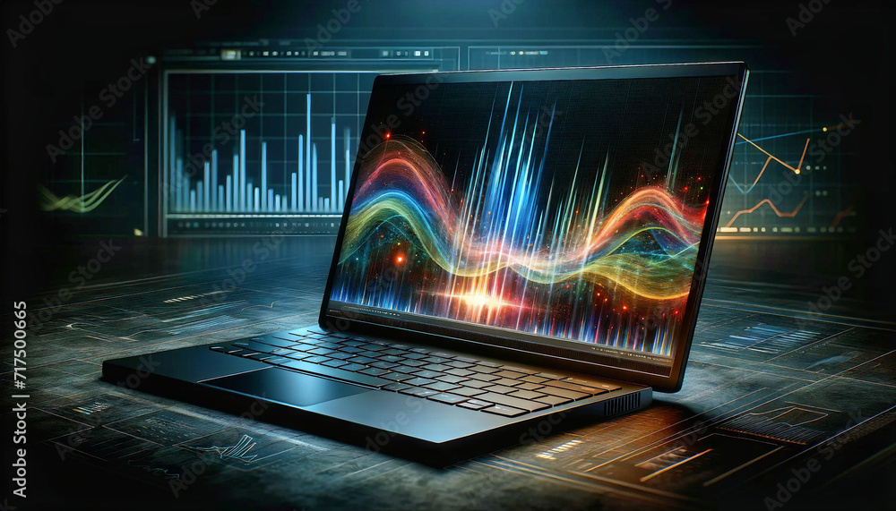 Laptop with analytical data.A laptop displaying vibrant waveforms and ...