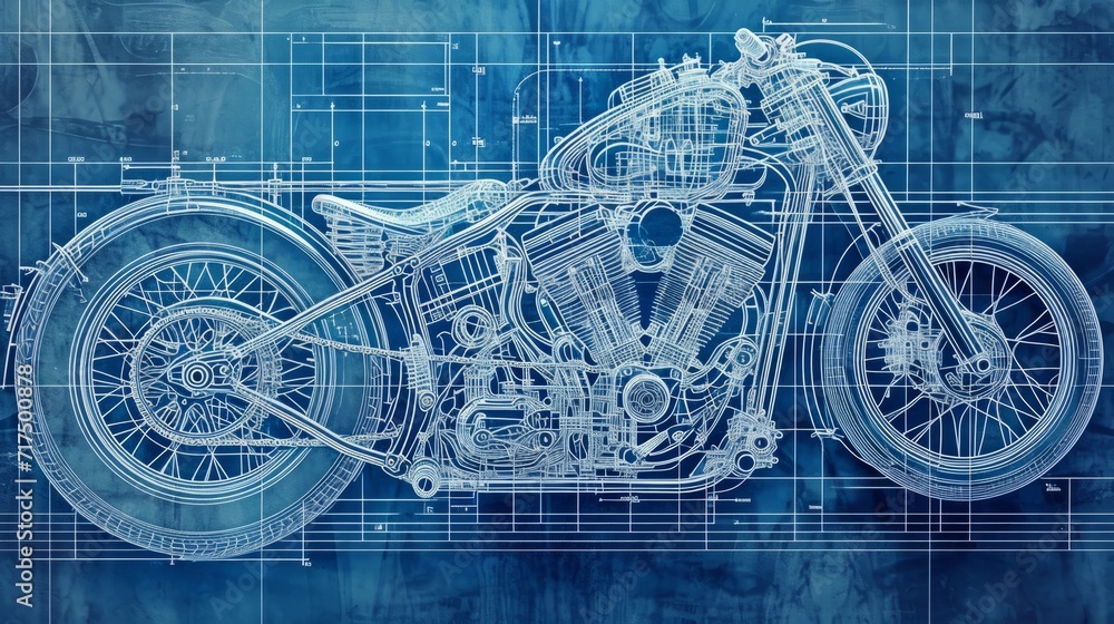 Poster, Foto Detailed blueprint illustration of a classic motorcycle ...