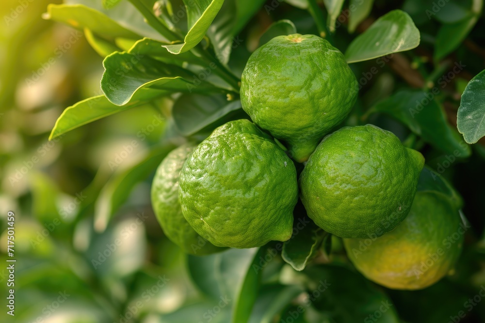 Citrus bergamia trees bearing green fruits known as bergamot oranges ...