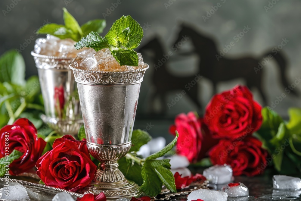 Silver mint julep cups red roses and horse silhouette in background ...
