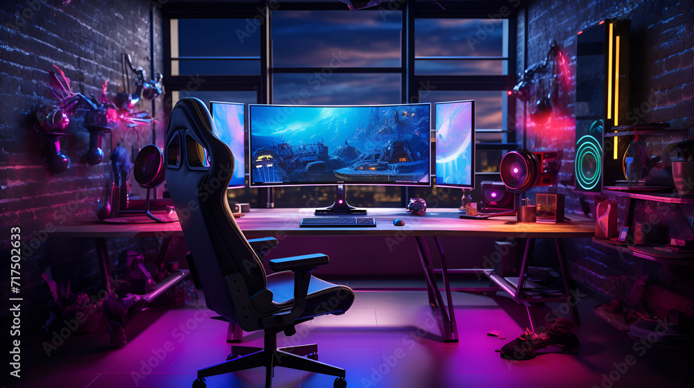 Interior of a cyberpunk colorful streaming and gaming studio for ... Interior of a cyberpunk colorful streaming and gaming studio for ...