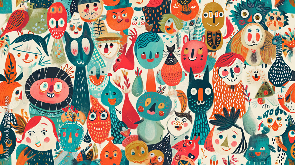 Quirky and whimsical characters in a charming and colorful pattern ...