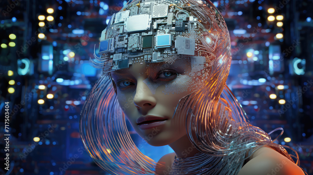 Futuristic Fembot: Female AI Robot in Electronic Circuitry Landscape ...