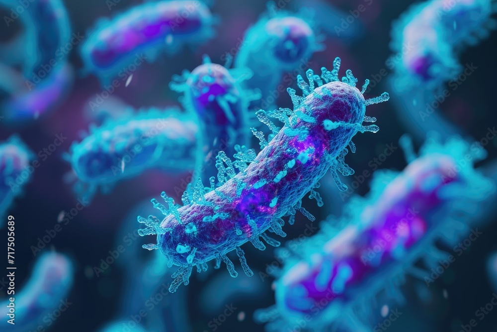 Close up micrograph of gram negative rod shaped bacteria E coli which ...