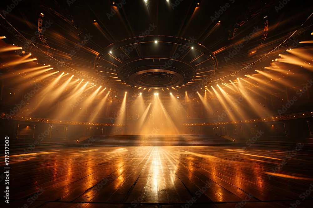 empty stage with dark orange and light gold spotlights beaming down ...