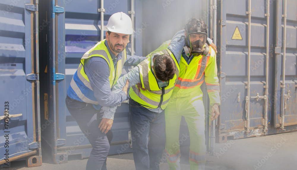 Professional training team male rescuers in uniform PPE wear mask to ...