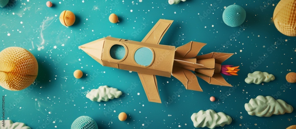 Childhood dream of a kid astronaut, playing with a cardboard spaceship ...