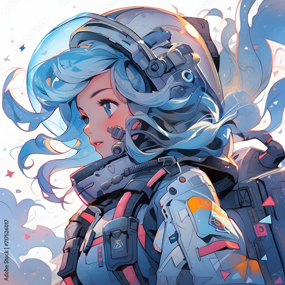 Portrait of woman astronaut in spacesuit and helmet. Cute lofi anime ...