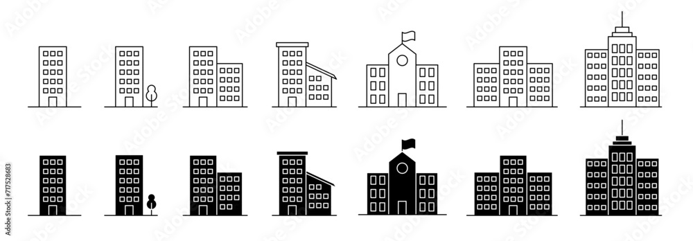 commercial business building icon set. skyscraper city hotel sign ...