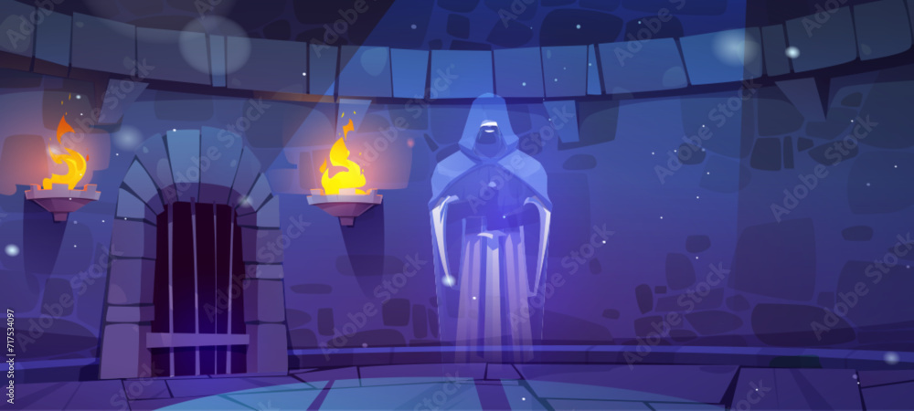Castle dungeon hall with iron gates or bars, torches with flames on ...