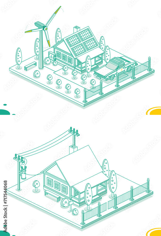 Isometric Smart House with Solar Panels, Wind Turbine and Electric ...