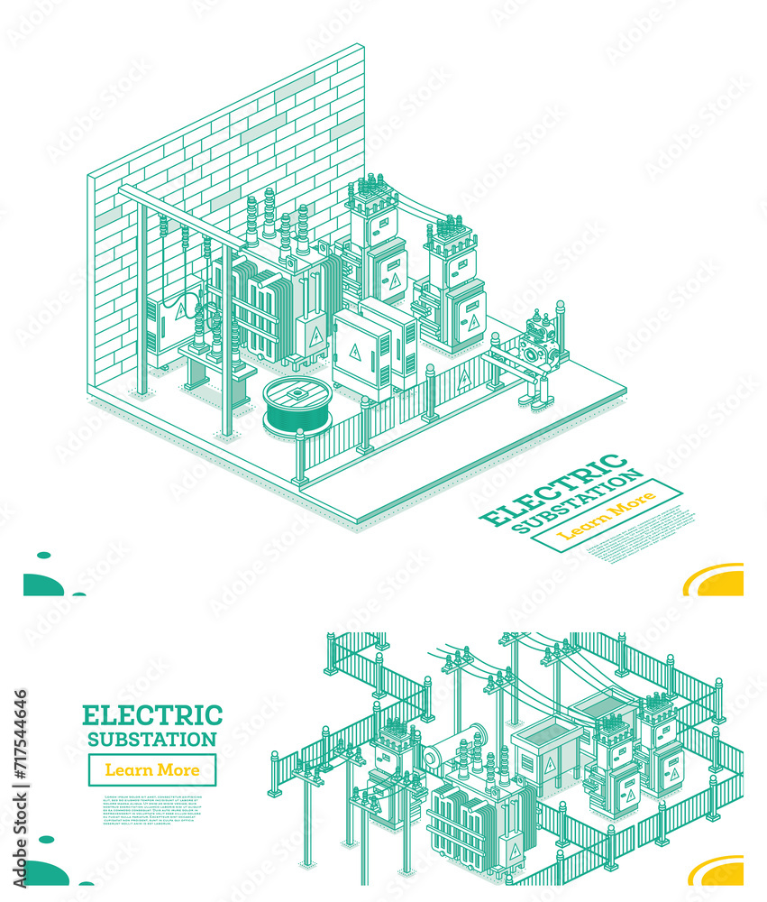 Isometric Energy Substation Interior. Electric Transformer. Outline ...