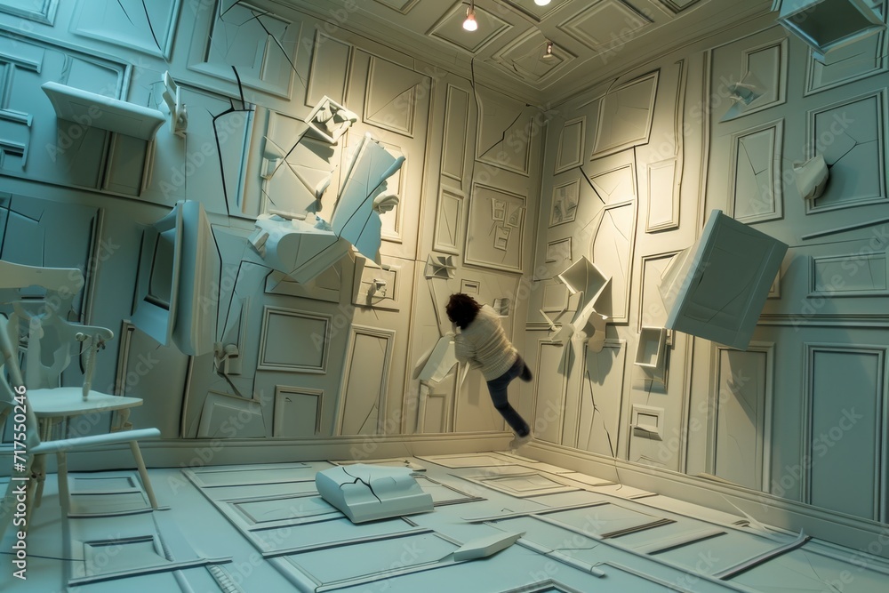 A room where the gravity seems to be sideways, with furniture and a ...
