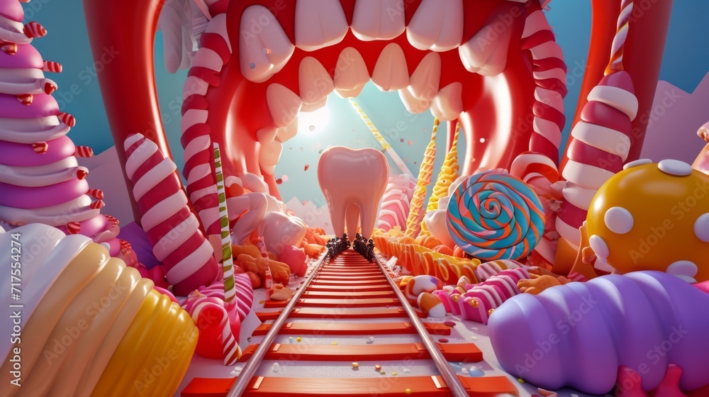 A tooth riding a tiny rollercoaster through a giant mouthshaped tunnel ...