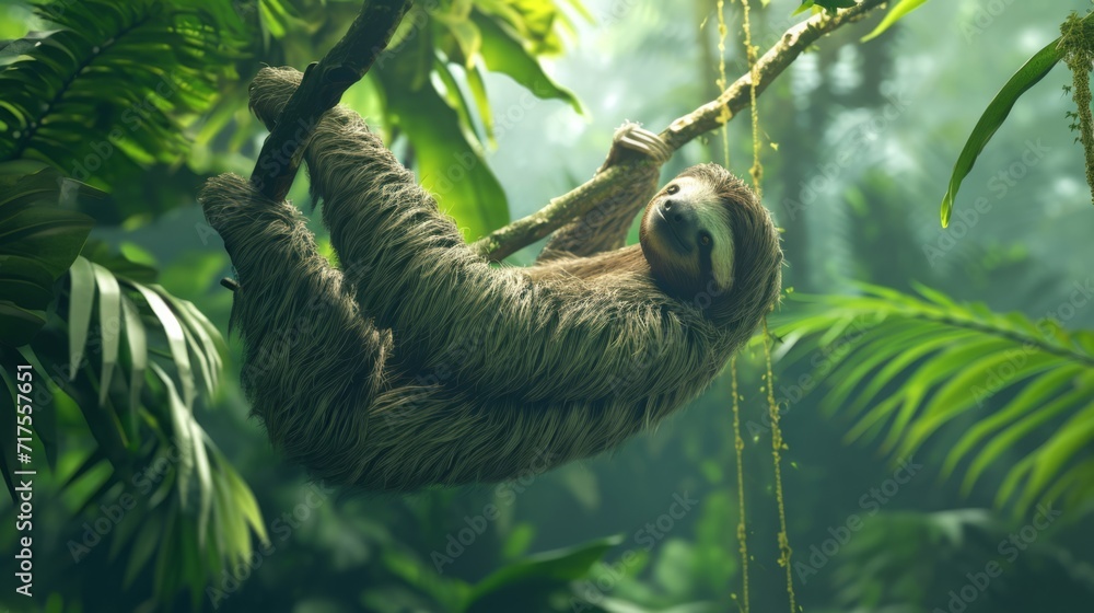 In the midst of a chaotic jungle scene a sloth lazily hangs upside down ...