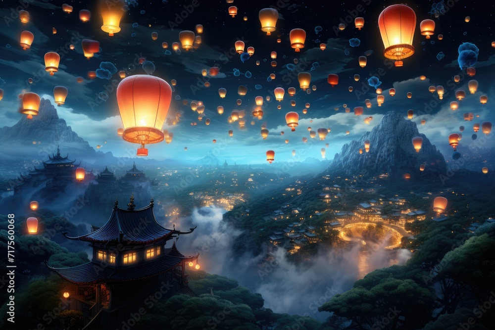 Lanterns fly in sky at river, Flying lanterns in the night sky during ...