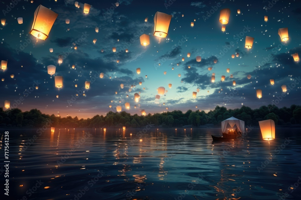 Night sky with flying lantern, Lanterns fly in sky at the river, Flying ...