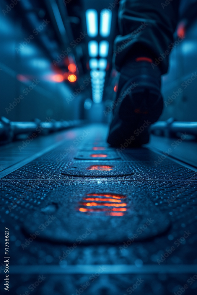 Robot footprints in a sci-fi corridor, leading to an unknown futuristic ...