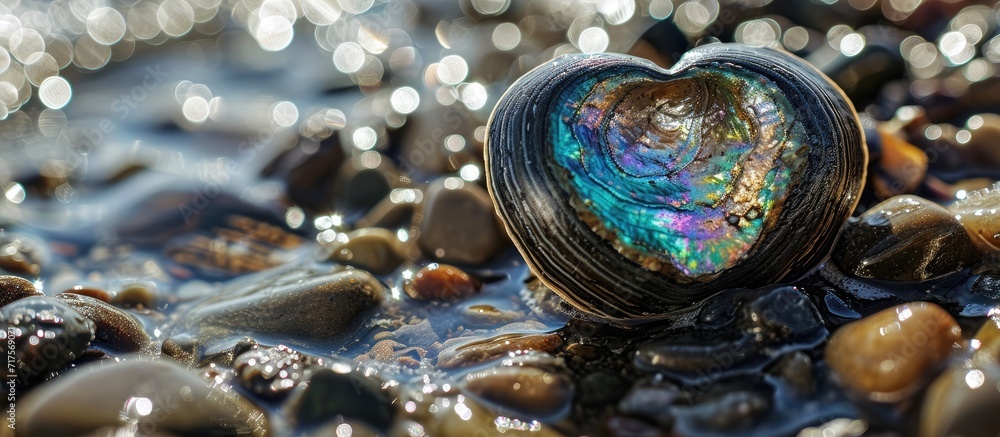 Heart shaped piece of natural nacre mother of pearl of Paua Perlemoen ...
