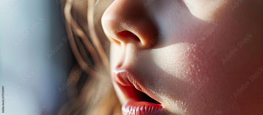 Macro of a little girl s mouth curling her tongue into a U shape a ...