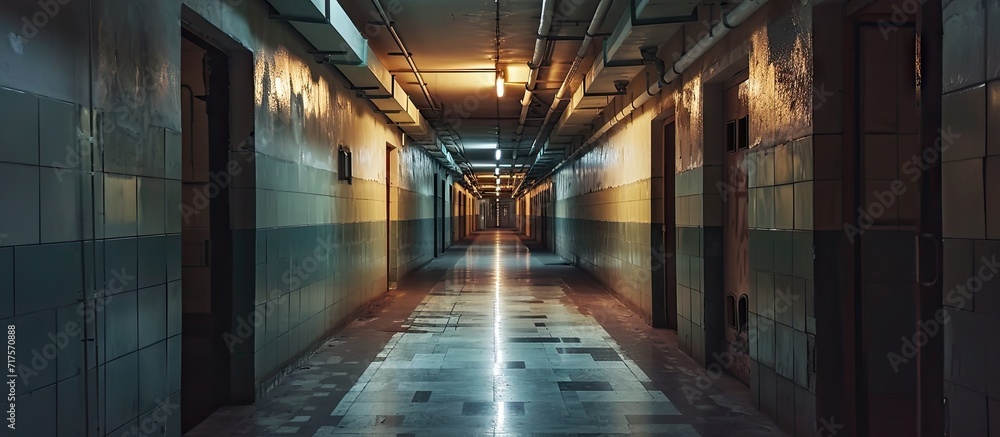 Large corridors of old Soviet military bunker echo of cold war. Copy ...