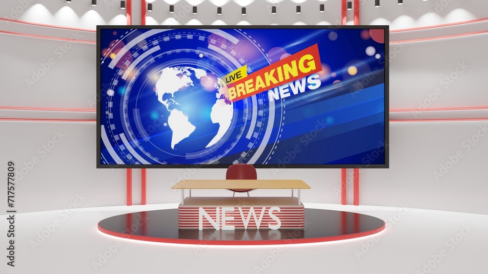 wood table on stand with led screen background in the red news studio ...