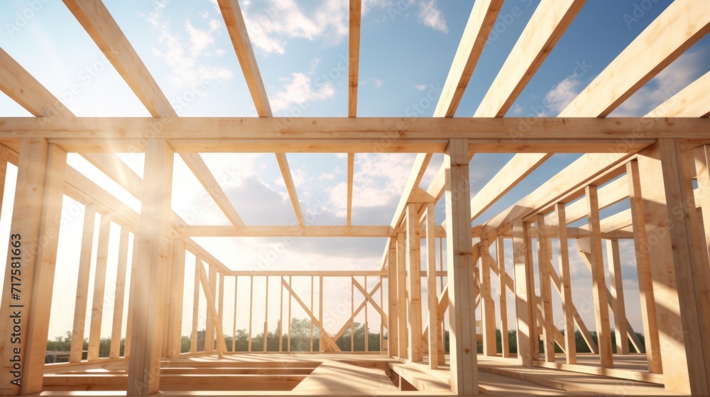photograph of Timber frame structure at construction site against ...