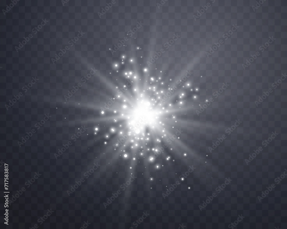 Silver sunlight lens flare, sun flash with rays and spotlight. Glowing ...