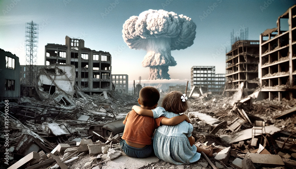 A young brother and sister sit atop a pile of rubble looking out across ...