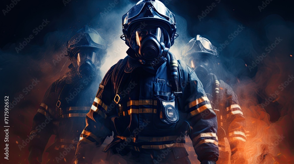 Firemans wearing firefighter turnouts and helmet. Dark background with ...