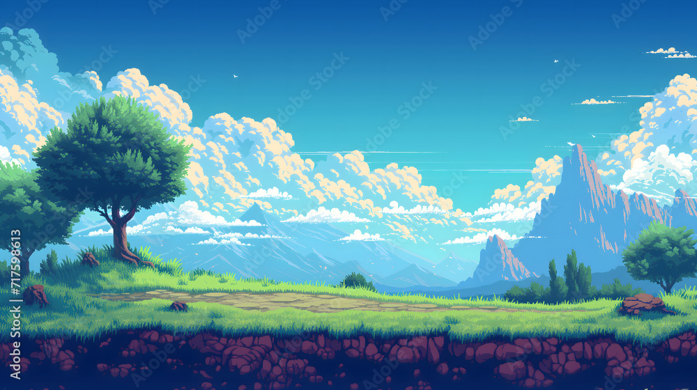 meadow hill terrain in blue sky in pixel art game style, pixel art game ...