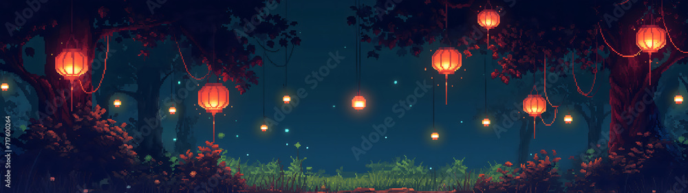 lanterns in the forest at night in pixel art style, pixel art landscape ...