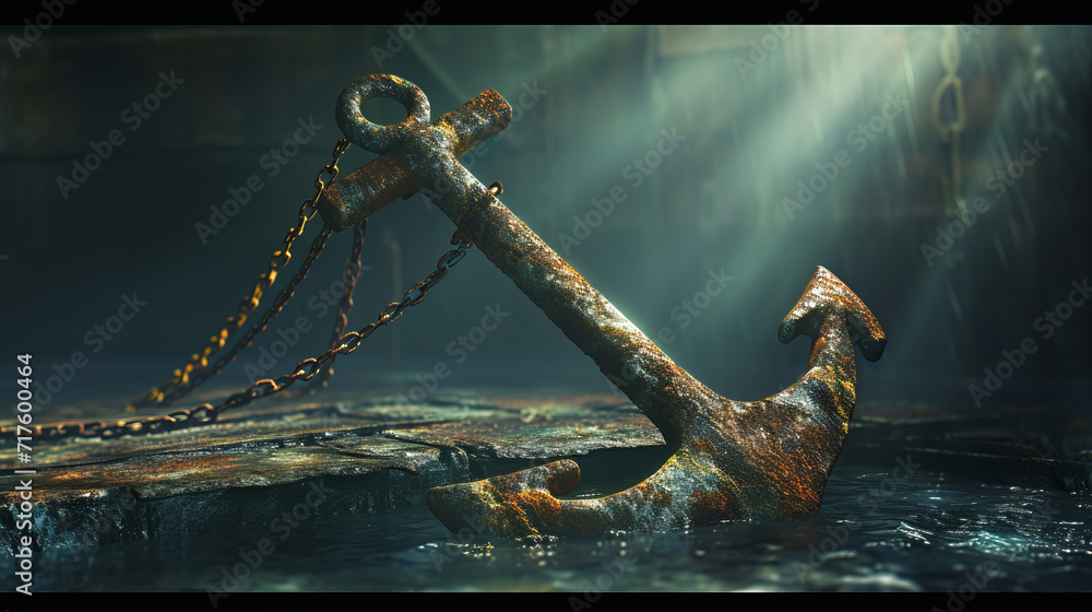 An abandoned rusty anchor, illuminated by a beam of light underwater ...